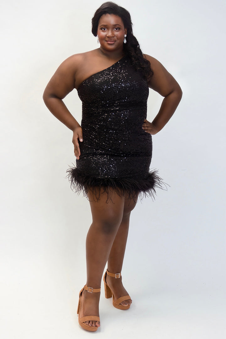Plus Size Sequin Party Dress - Style JK2401 Feather Trim – Sydney's Closet