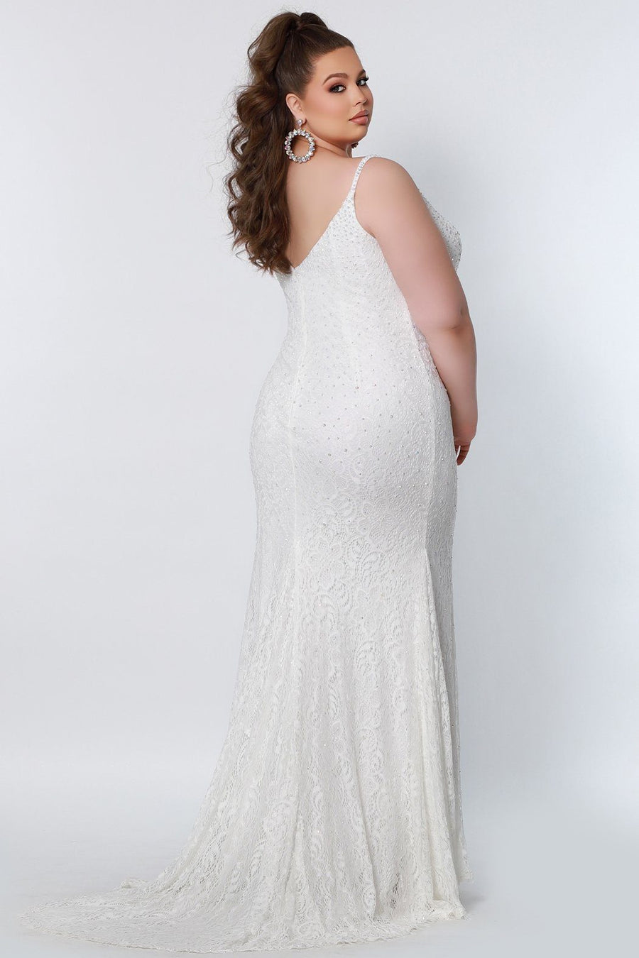 Plus Size Studded Lace Princess Line Gown - Slim Fit & Leg Slit