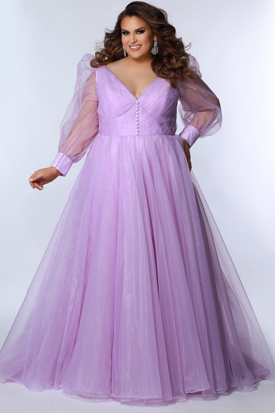 Curvy Long Puff Sleeve Formal A-Line Gown - Pleated Bodice – Sydney's ...