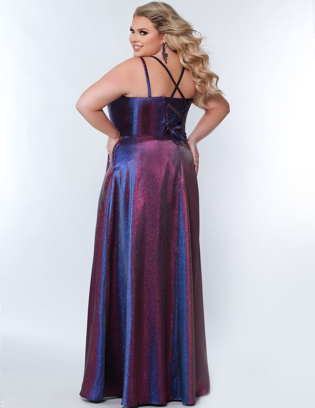 Plus Size Metallic Lace-Up Evening Gown - Sydney’s Closet SC7344 ...